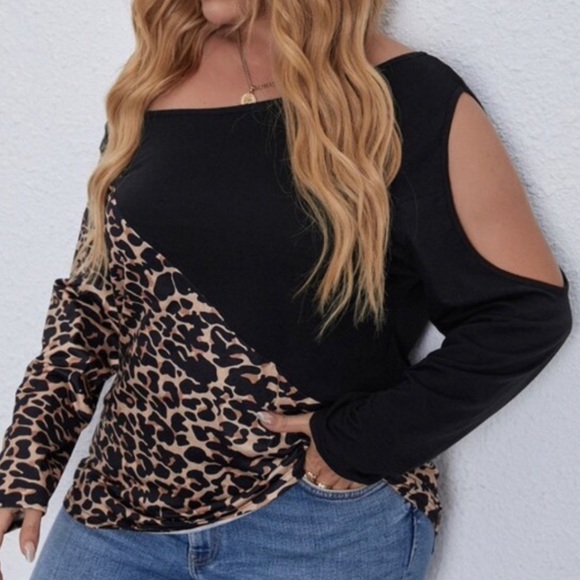 Tops | Plus Black Leopard Print Off Shoulder Long Sleeve Top | Poshmark